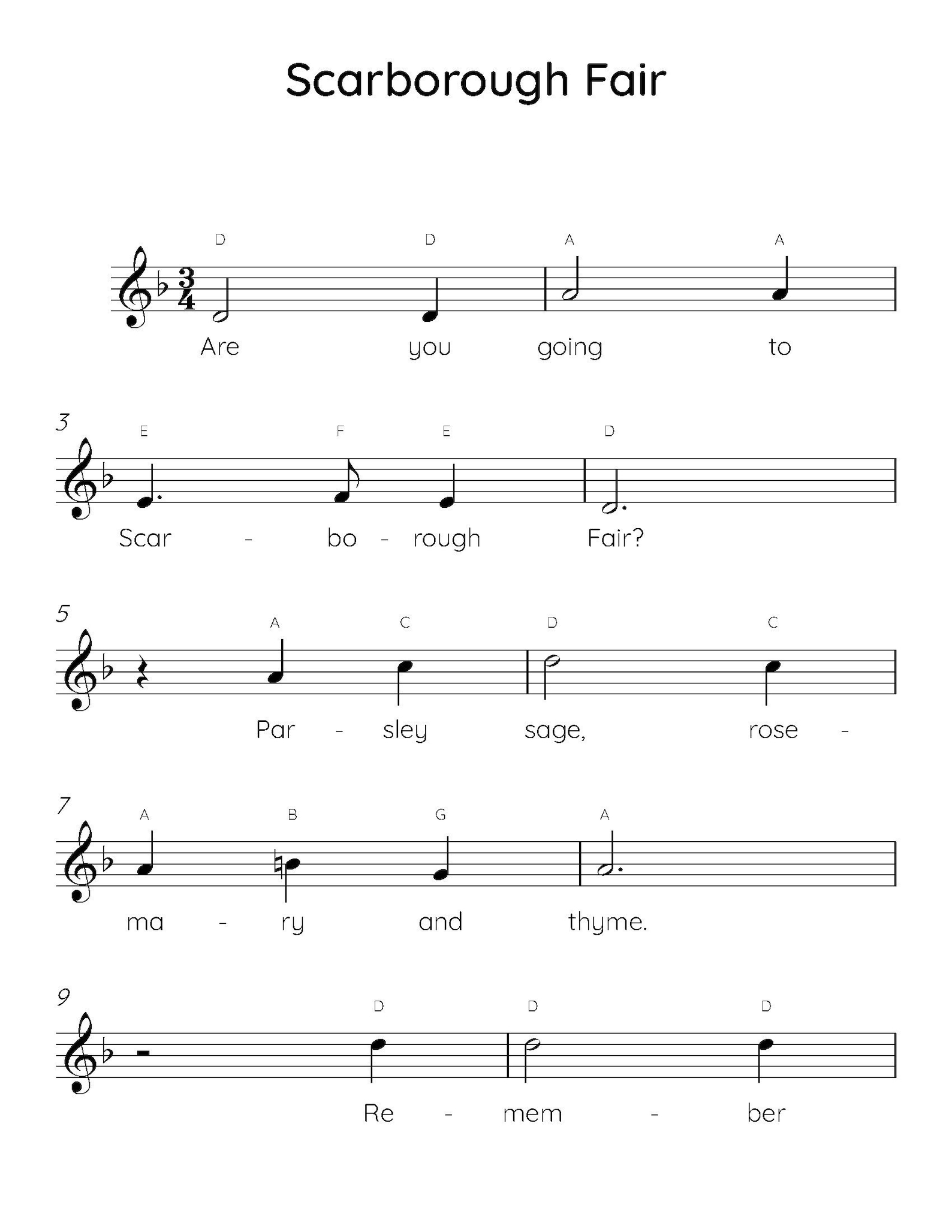 Scarborough Fair Easy Piano Sheet Music, Digital Downloadable Musical ...