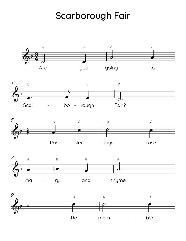 Scarborough Fair Easy Piano Sheet Music, Digital Downloadable Musical ...