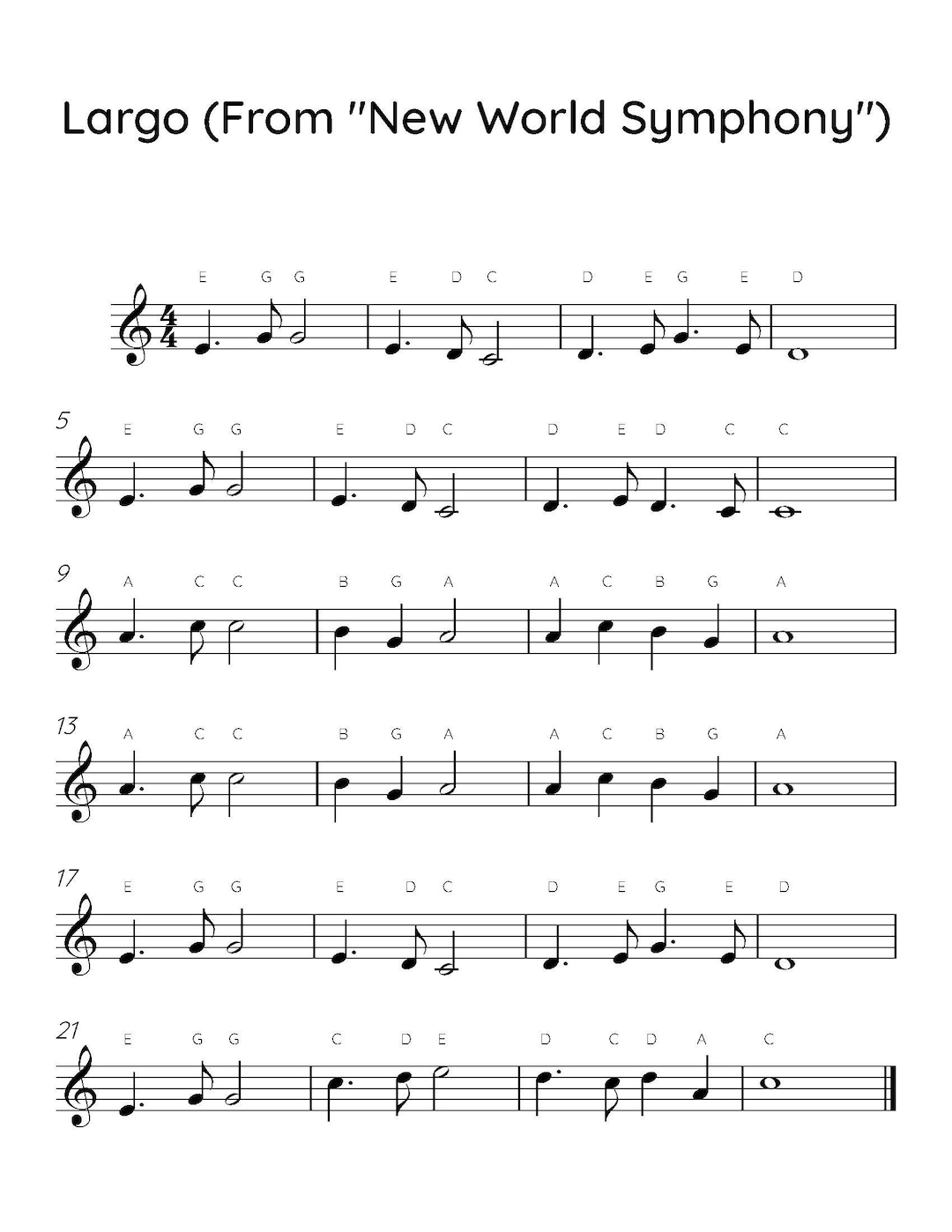 Largo (from "new World Symphony") Easy Piano Sheet Music, Digital ...