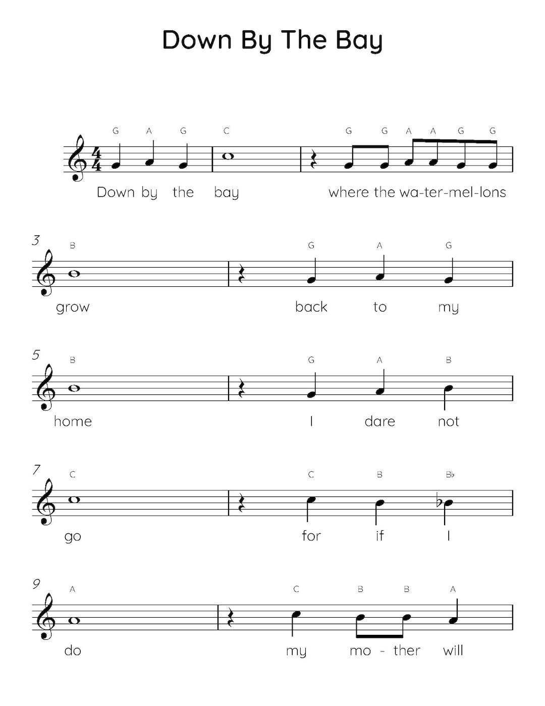 Down by the Bay Easy Piano Sheet Music, Digital Downloadable Musical ...