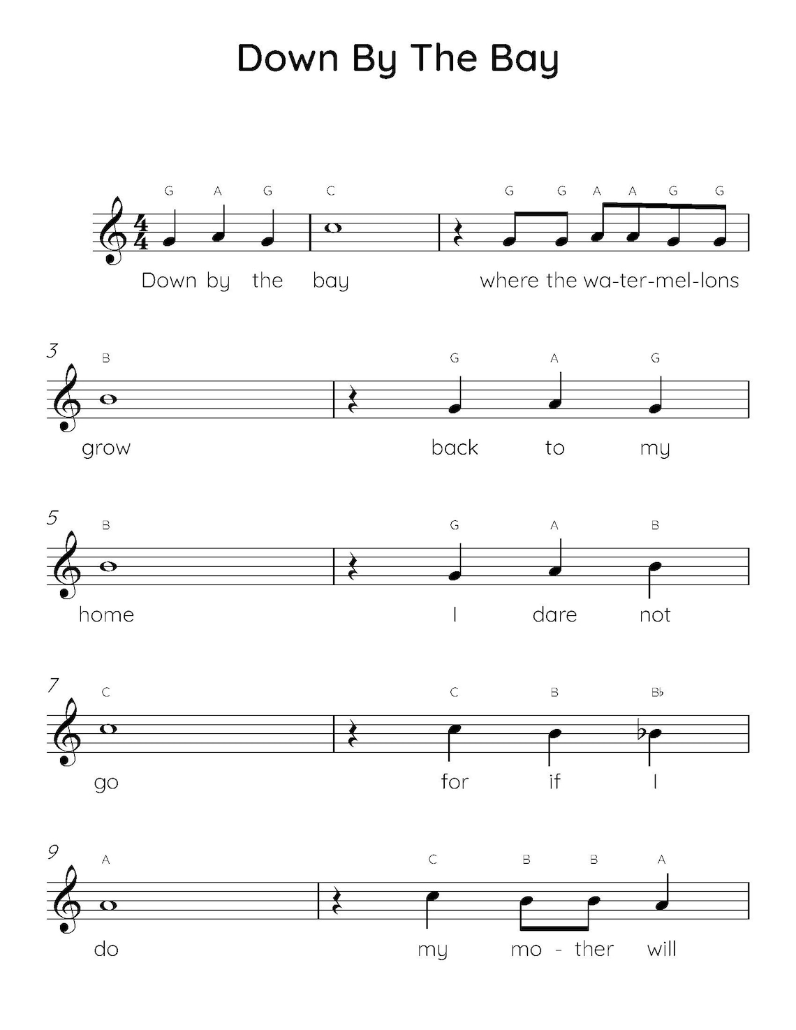 Down by the Bay Easy Piano Sheet Music, Digital Downloadable Musical ...
