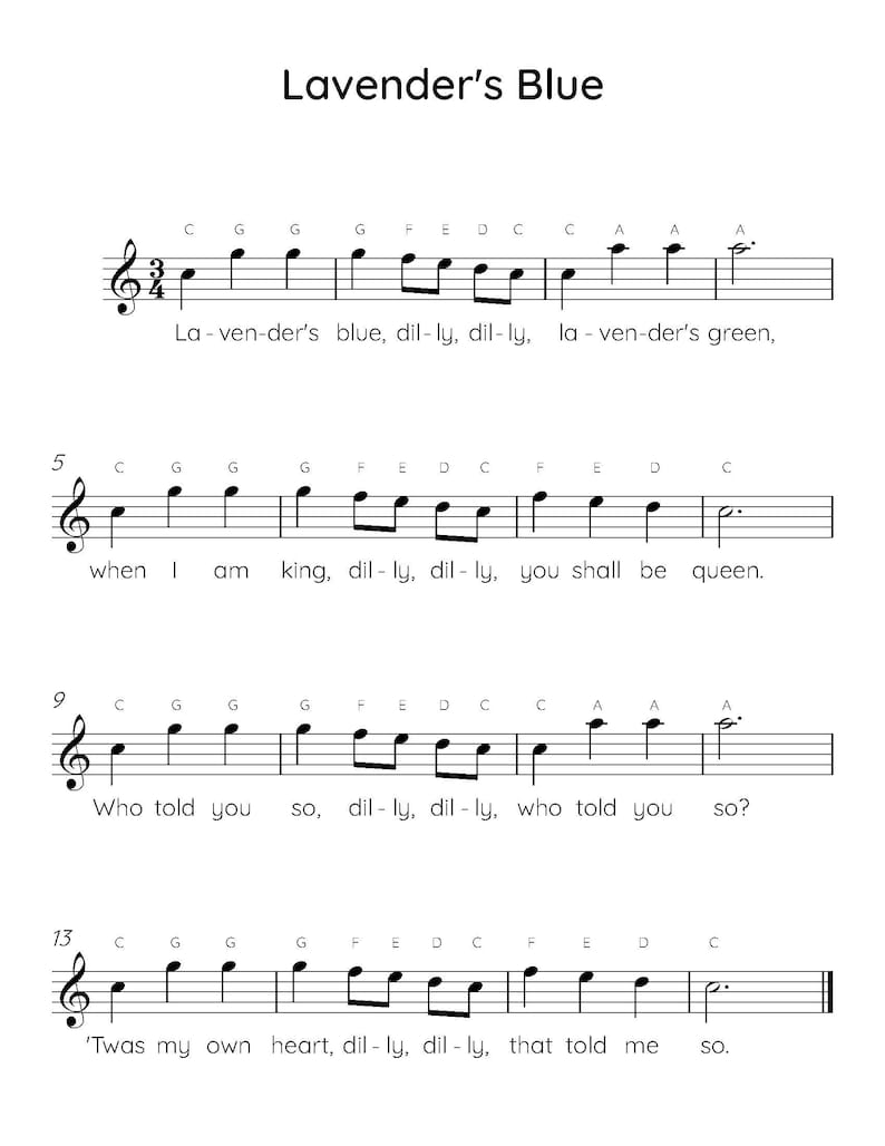 Lavender's Blue Easy Piano Sheet Music, Digital Downloadable Musical ...