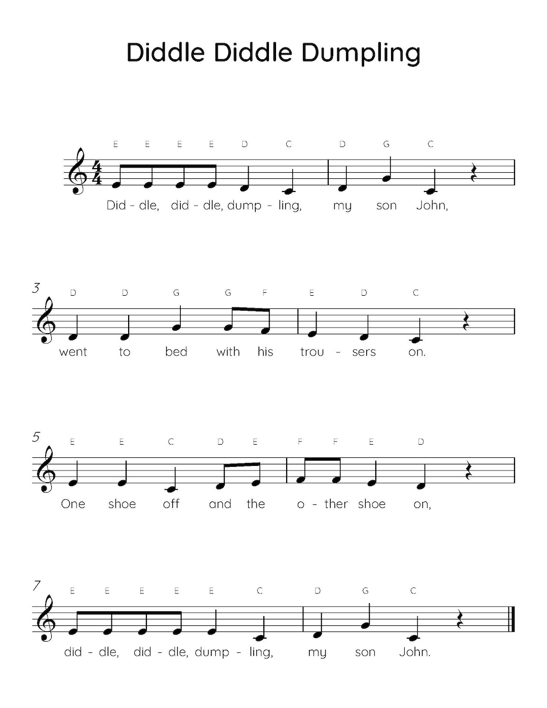 Diddle Diddle Dumpling Easy Piano Sheet Music, Digital Downloadable ...
