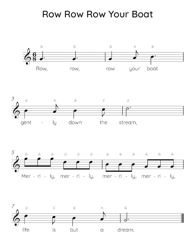 Row Row Row Your Boat Easy Piano Sheet Music, Digital Downloadable ...