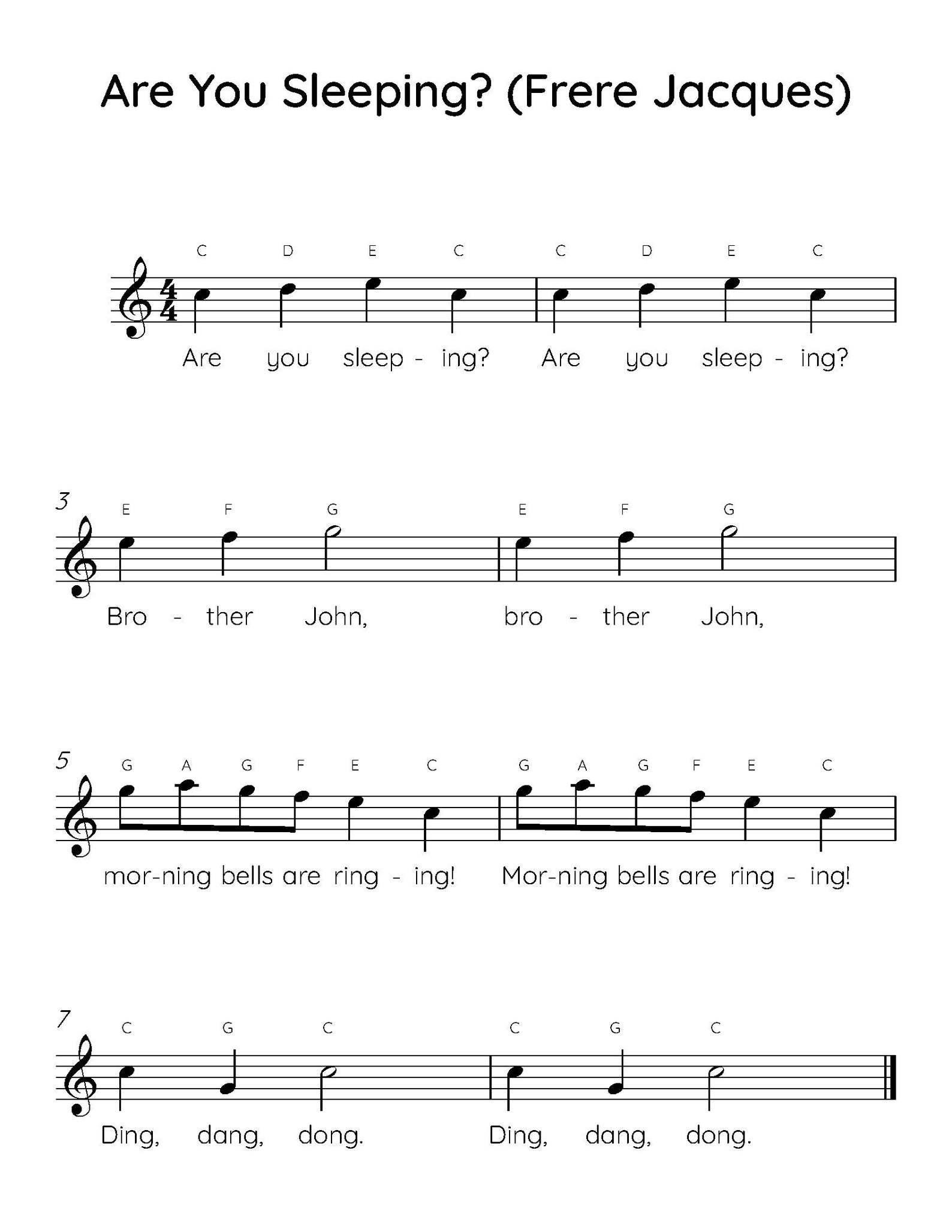 Are You Sleeping (frere Jacques) Easy Piano Sheet Music (digital ...