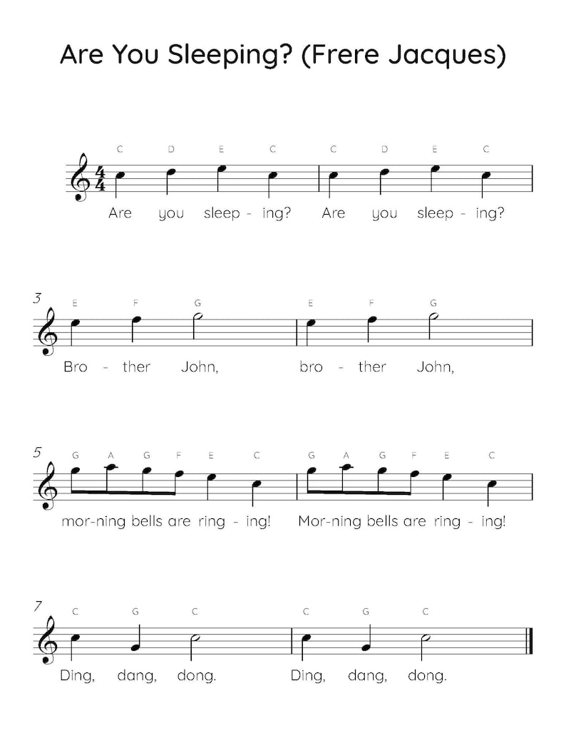Are You Sleeping (frere Jacques) Easy Piano Sheet Music (digital ...