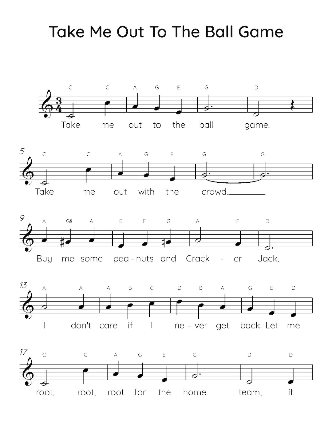 Take Me Out to the Ball Game Easy Piano Sheet Music (digital Download ...