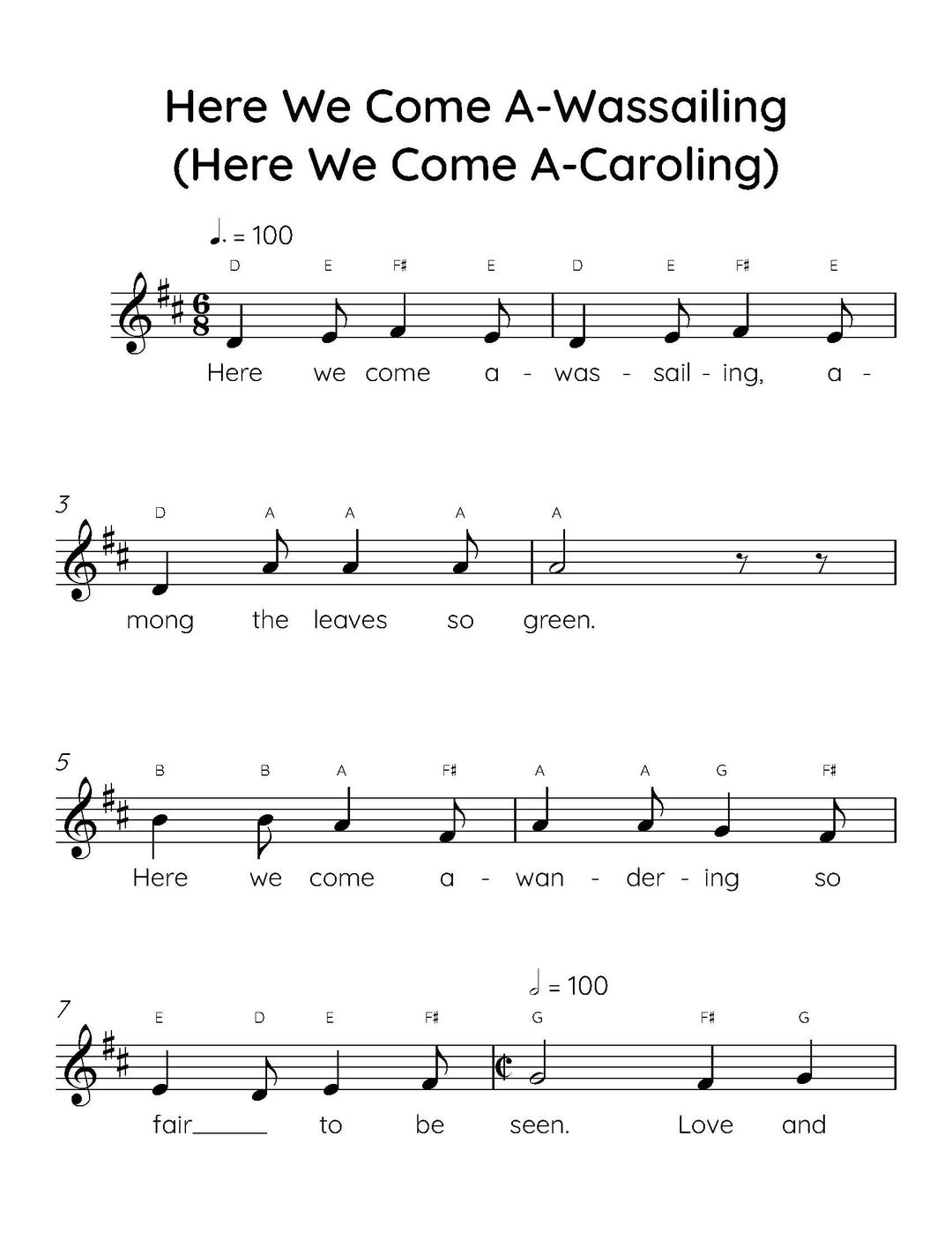 Here We Come A-wassailing Easy Piano Sheet Music (digital Download), A ...