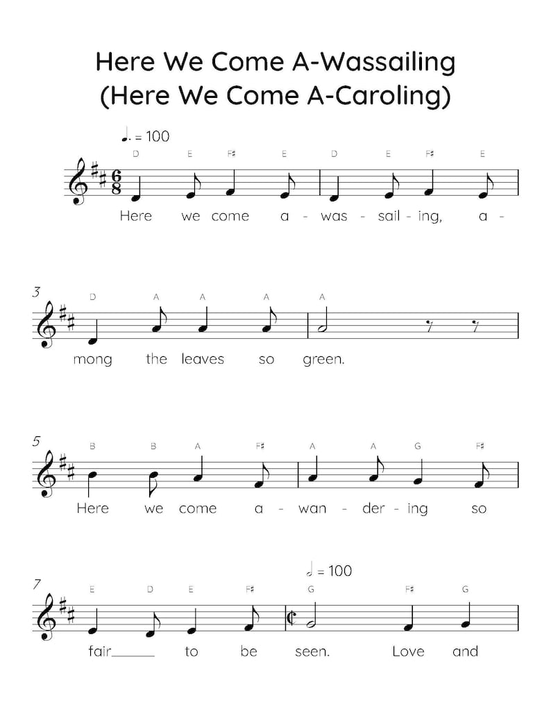 Here We Come A-wassailing Easy Piano Sheet Music, A-caroling, Digital ...
