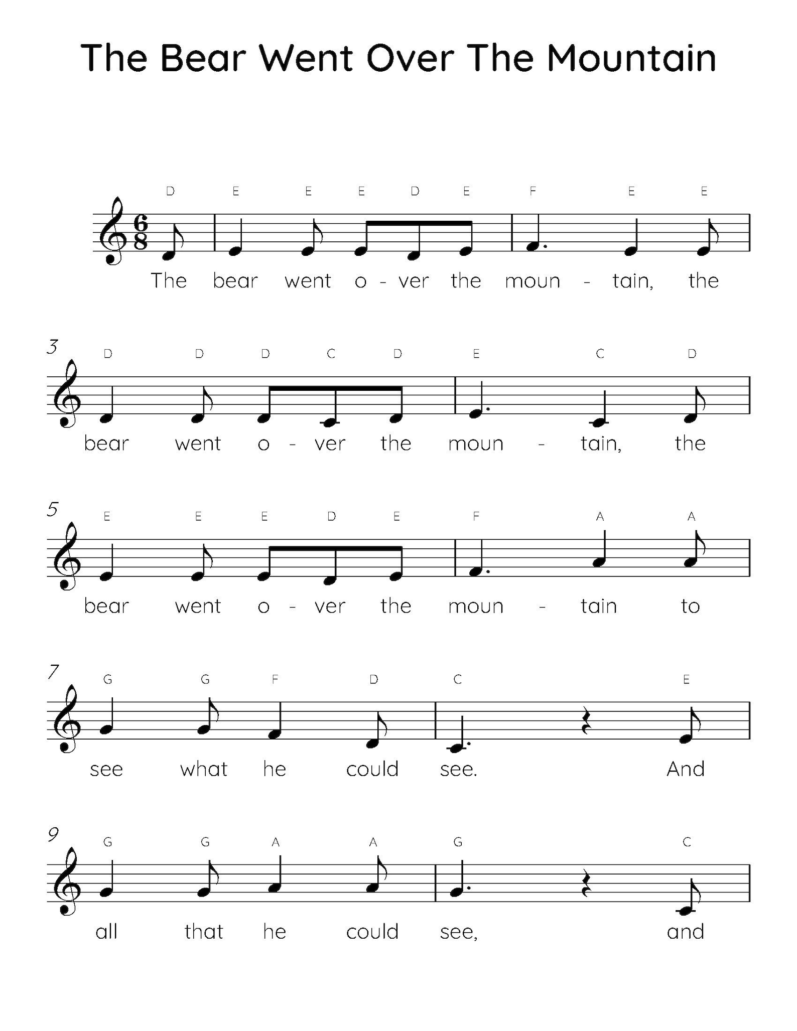 The Bear Went Over the Mountain Easy Piano Sheet Music, Digital ...