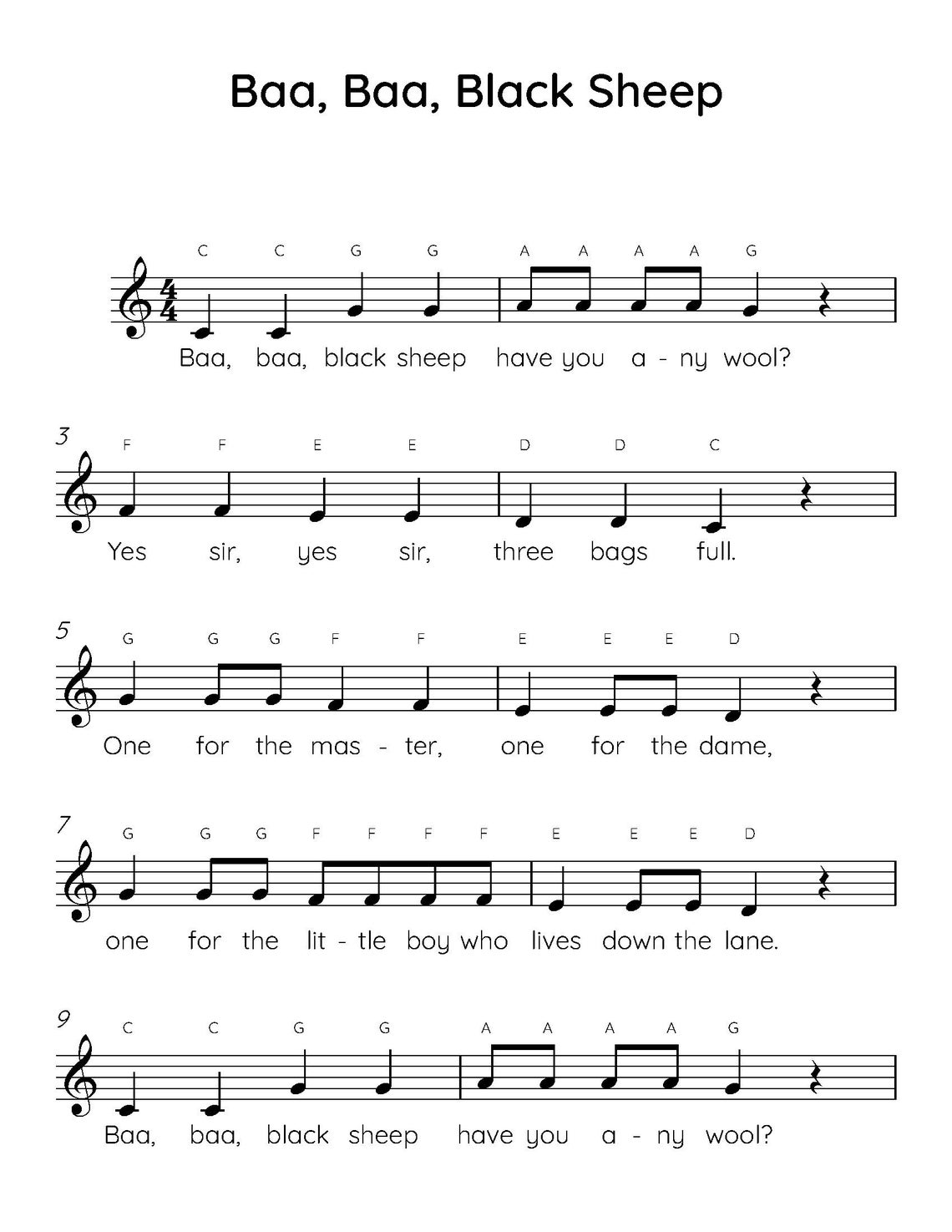 Baa Baa Black Sheep Easy Piano Sheet Music, Digital Downloadable ...