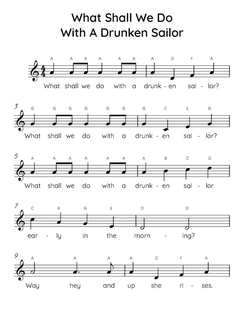 What Shall We Do With A Drunken Sailor, Easy Piano Sheet Music, Digital ...