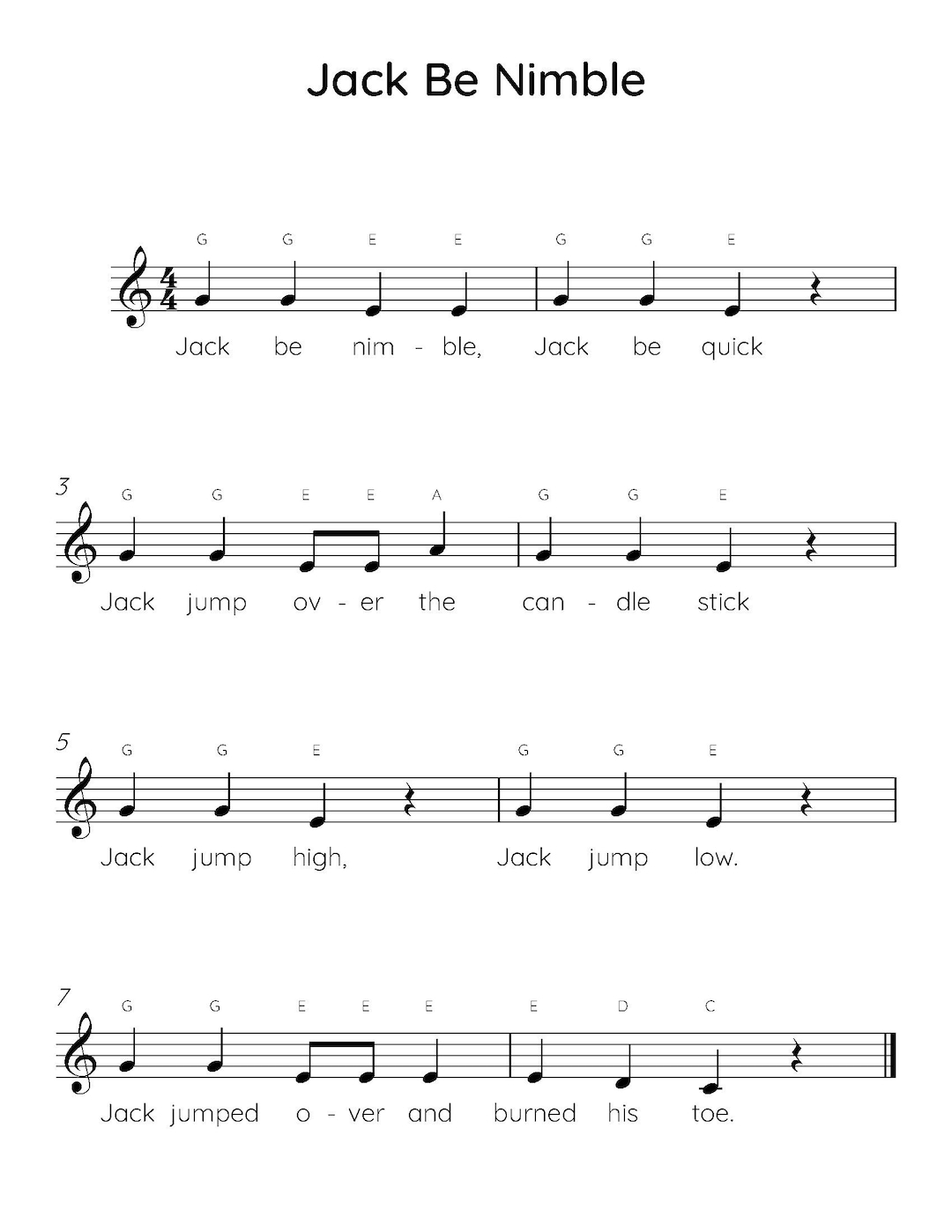 Jack Be Nimble Easy Piano Sheet Music, Digital Downloadable Musical ...