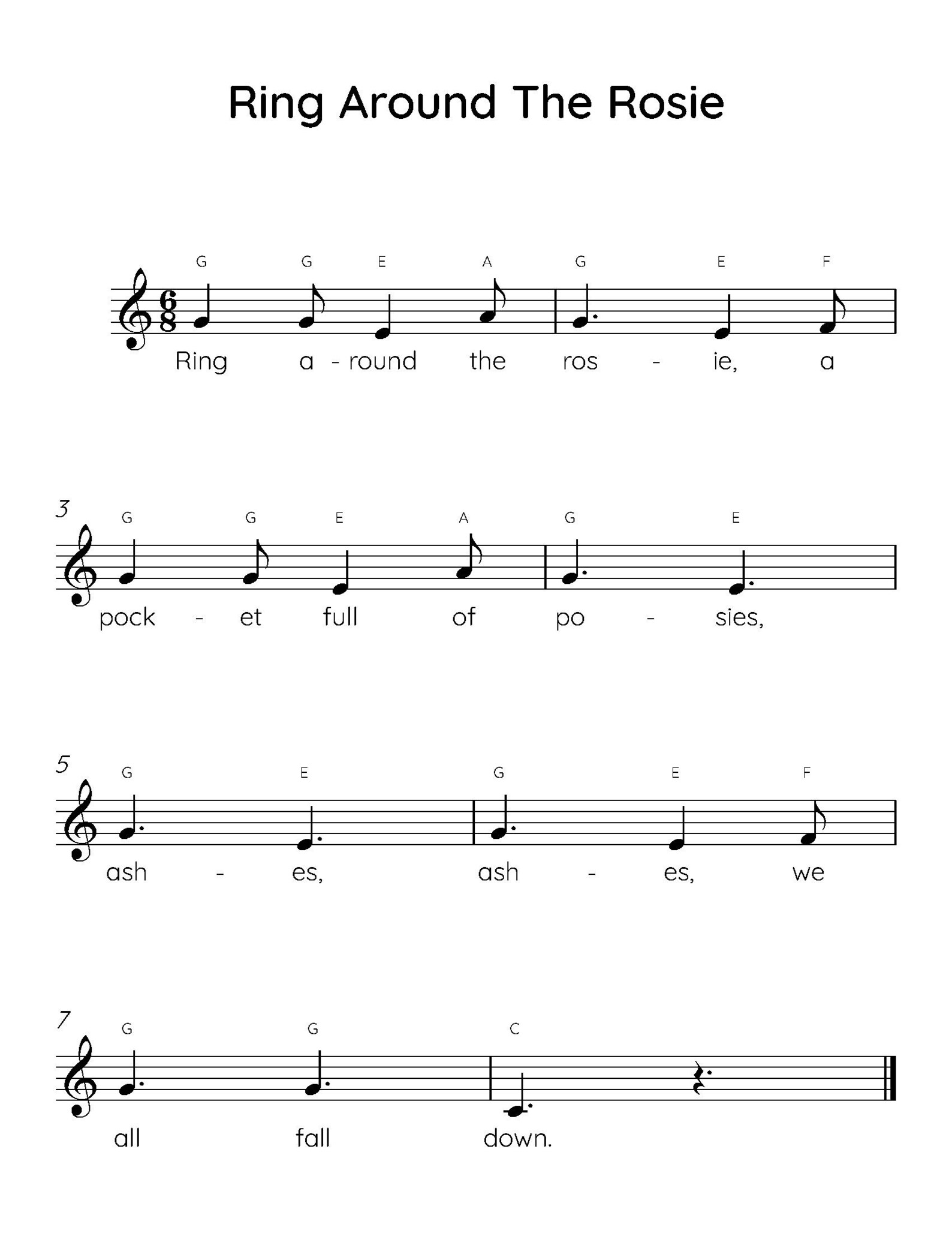 Ring Around the Rosie Easy Piano Sheet Music, Digital Downloadable ...