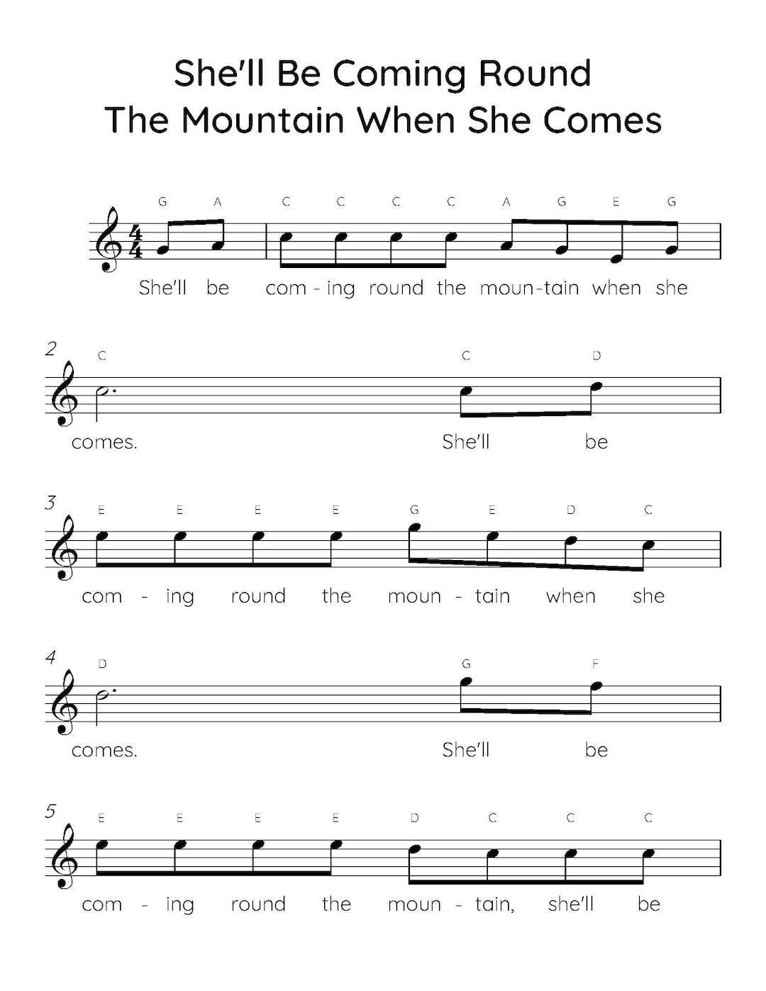 She'll Be Coming Round the Mountain When She Comes Easy Piano Sheet Music, Digital Downloadable ...
