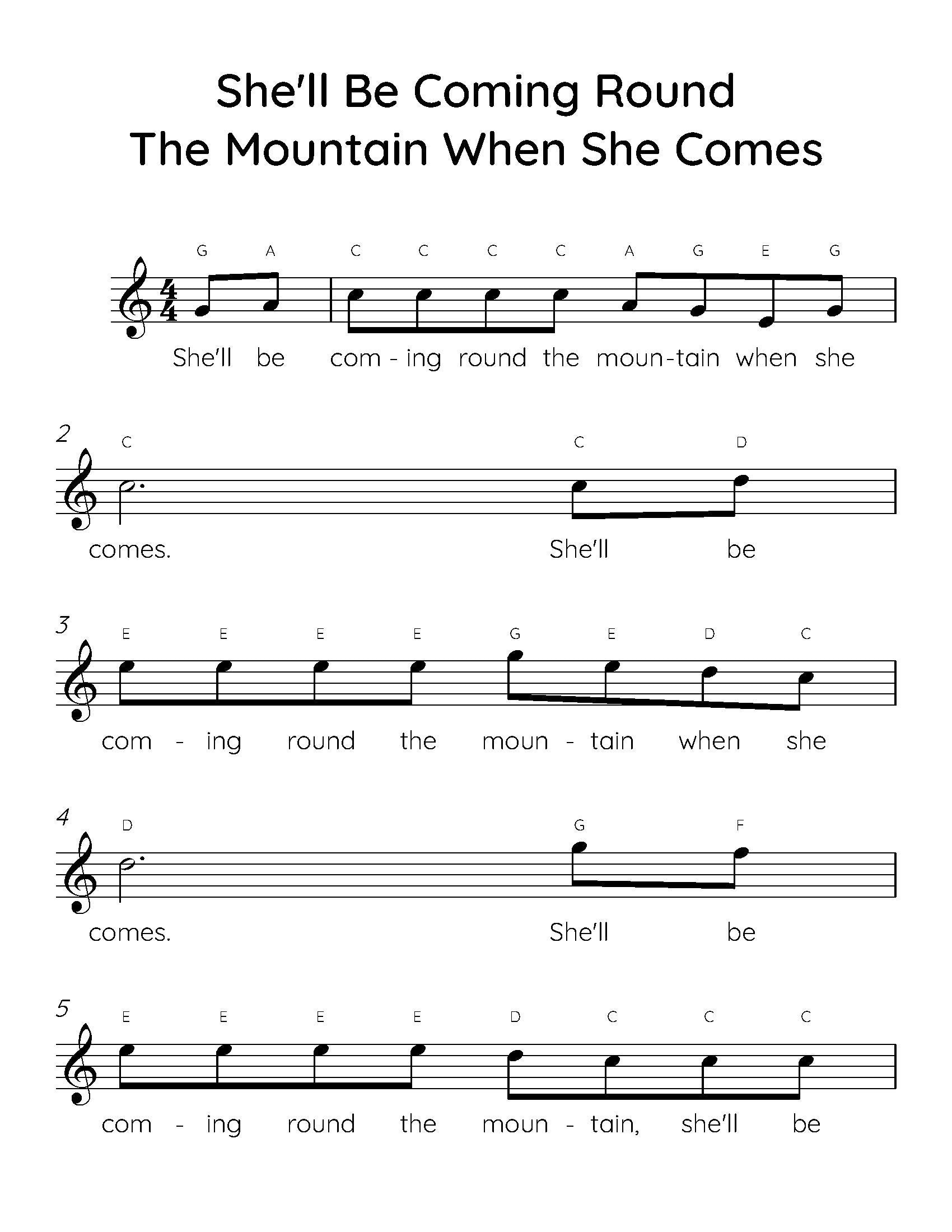 She'll Be Coming Round the Mountain When She Comes Easy Piano Sheet Music, Digital Downloadable ...