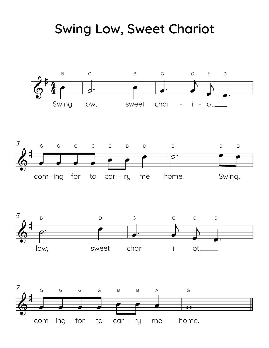 Swing Low Sweet Chariot Easy Piano Sheet Music, Digital Downloadable ...