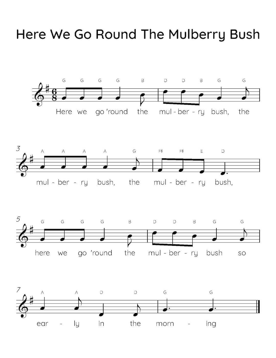 Here We Go Round the Mulberry Bush Easy Piano Sheet Music, Digital ...