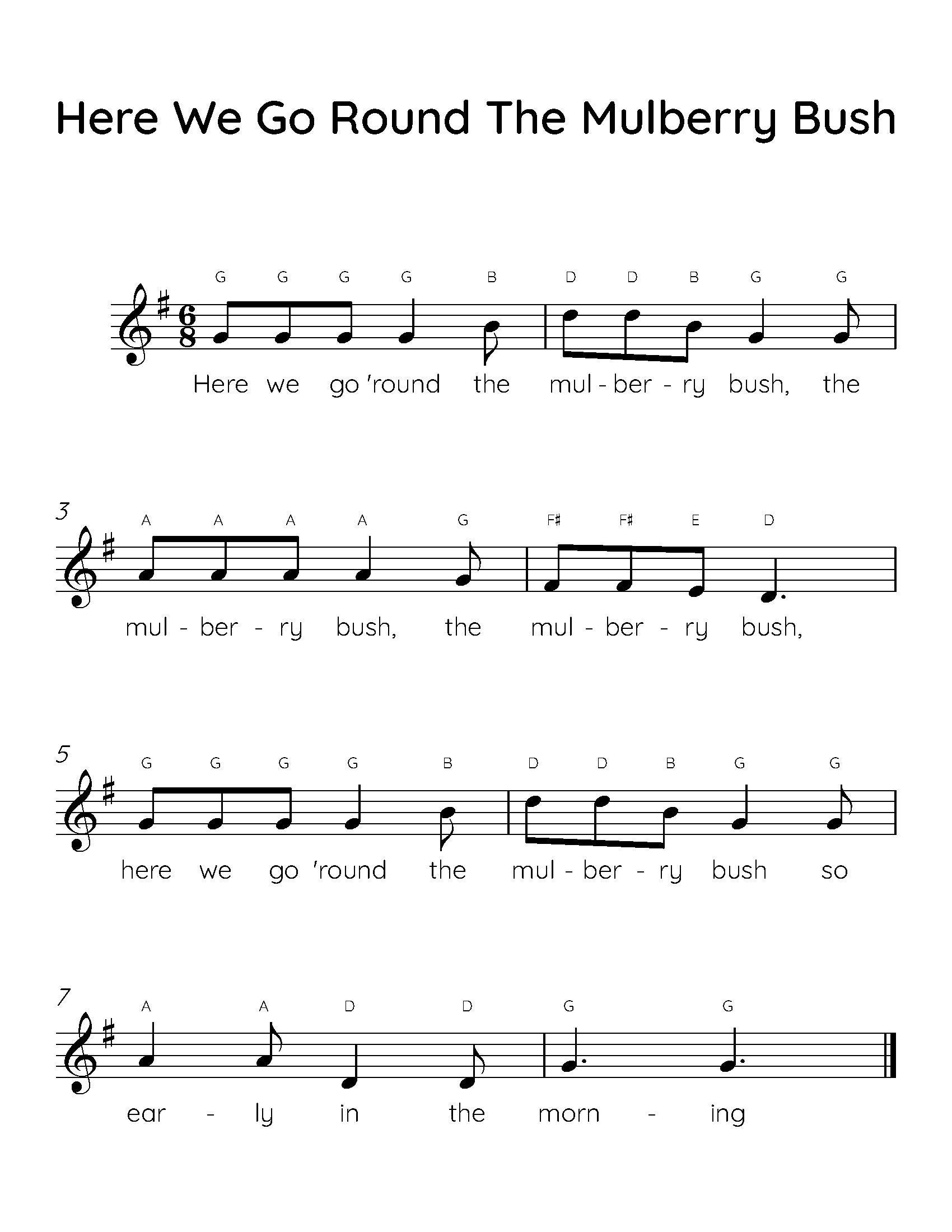 Here We Go Round the Mulberry Bush Easy Piano Sheet Music, Digital ...