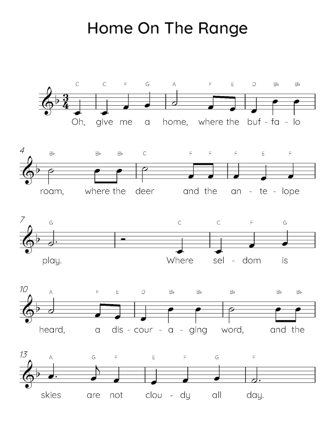 Home on the Range Easy Piano Sheet Music (digital Download), Kids ...