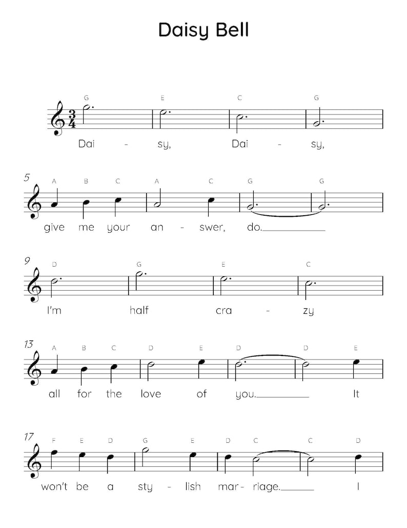 Daisy Bell Easy Piano Sheet Music, Digital Downloadable Musical Sheets ...