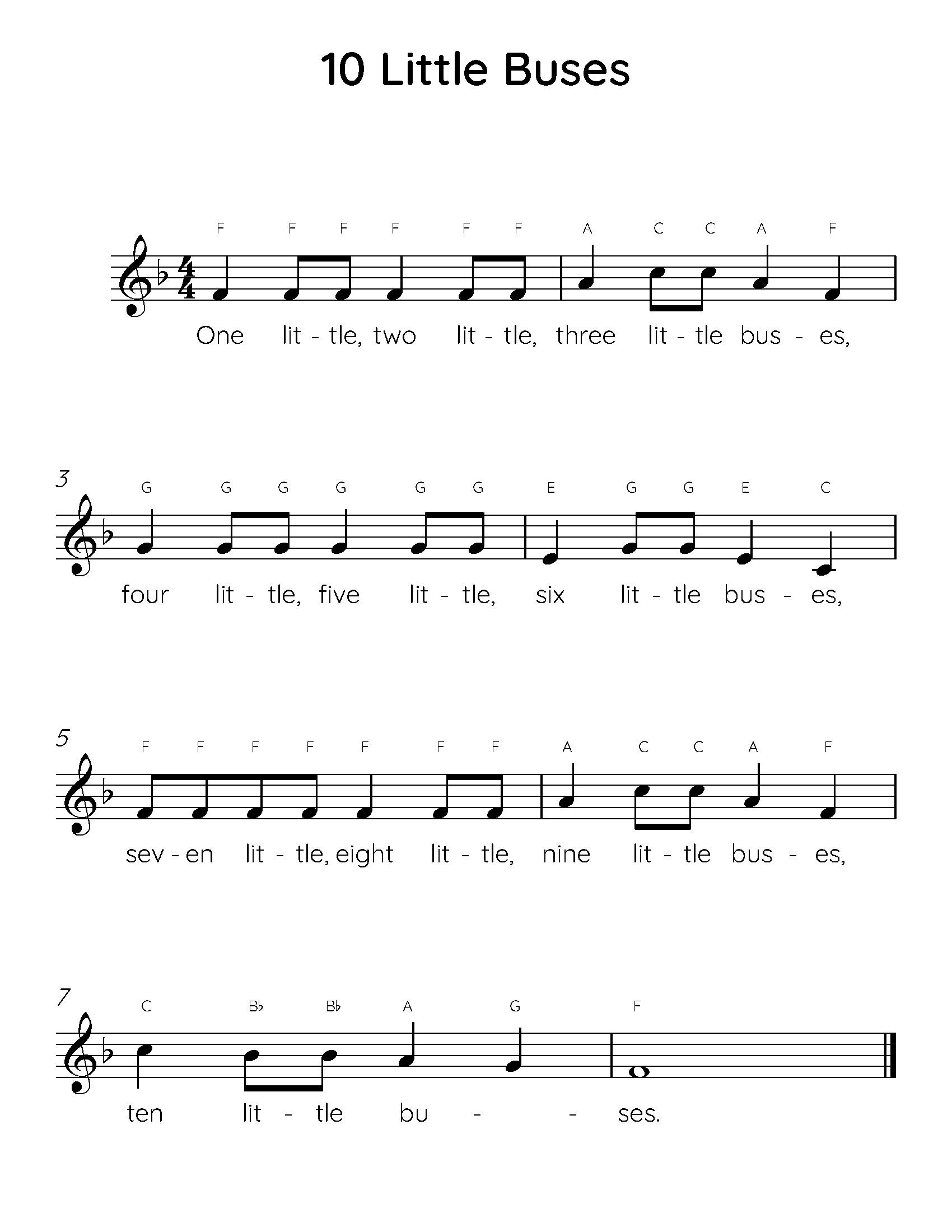 Ten Little Buses Easy Piano Sheet Music, Digital Downloadable Musical ...