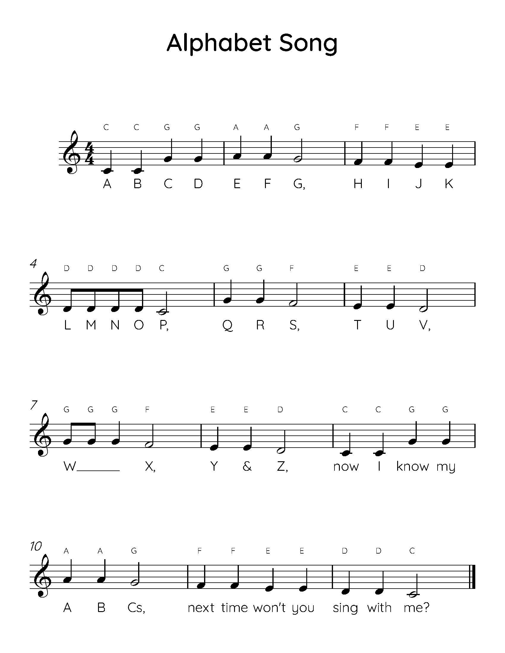 Alphabet Song Easy Piano Sheet Music Digital Downloadable Musical