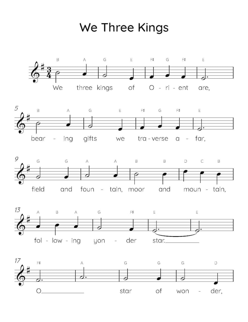 We Three Kings Easy Piano Sheet Music (digital Download), Beginner ...