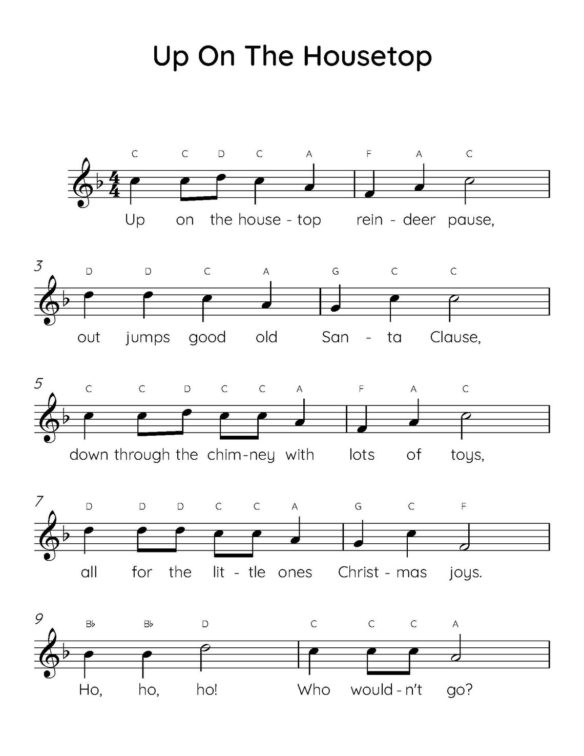Up on the Housetop Easy Piano Sheet Music (digital Download), Kids ...