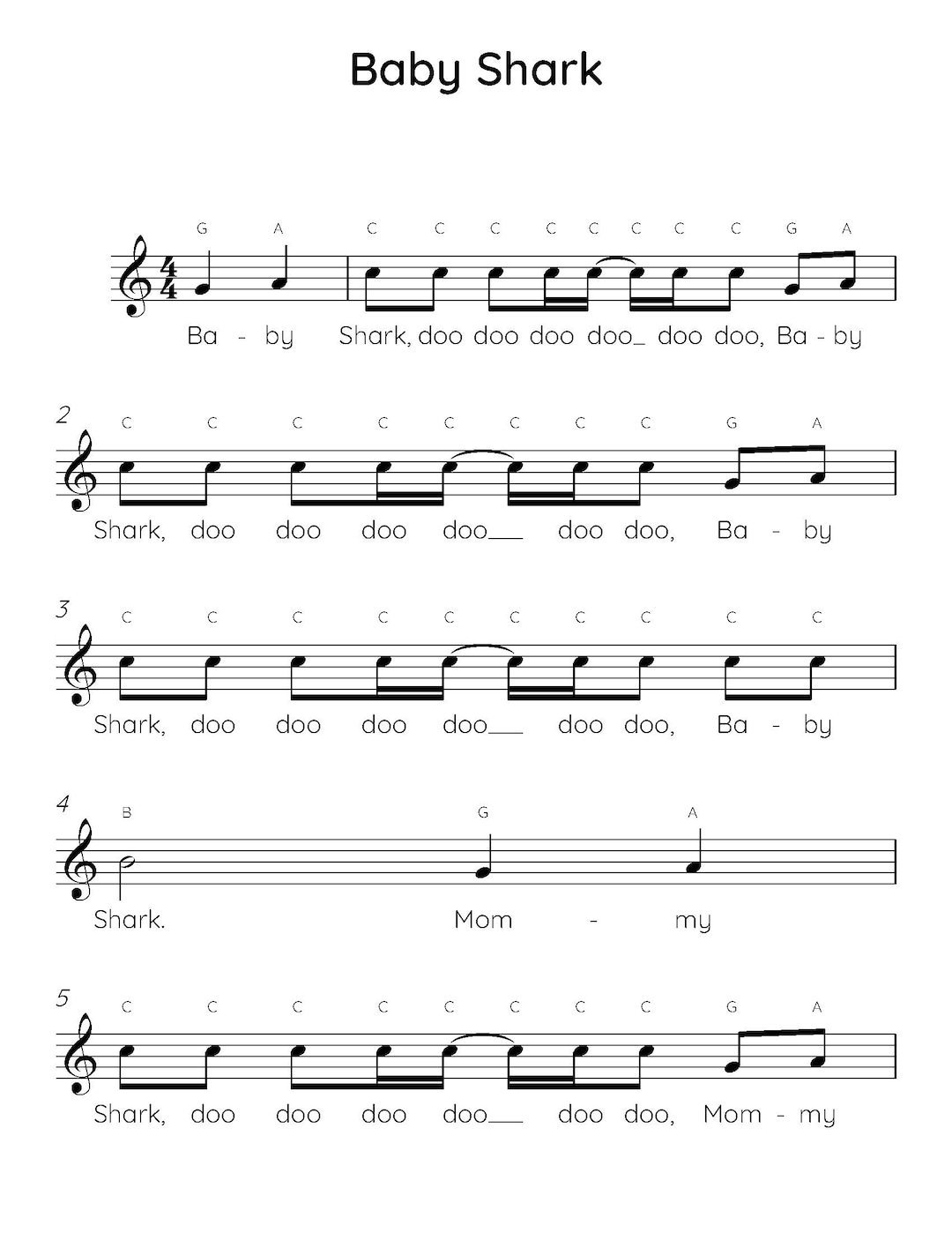 Baby Shark Easy Piano Sheet Music (digital Download), Kids Beginner ...