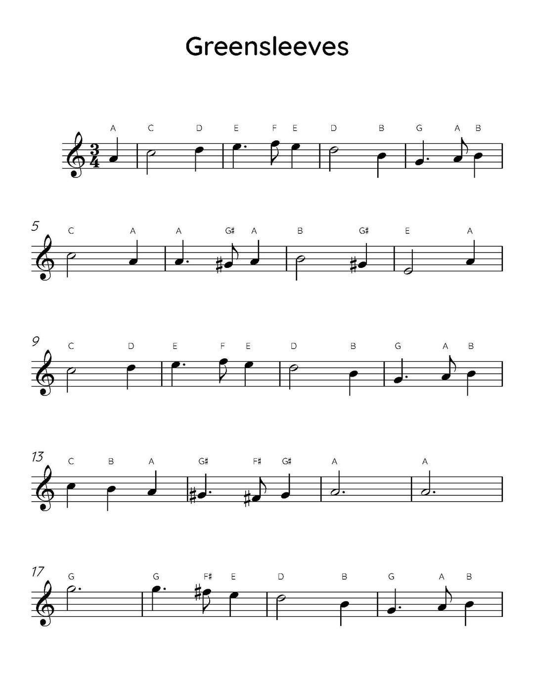 Greensleeves Easy Piano Sheet Music, Digital Downloadable Musical ...