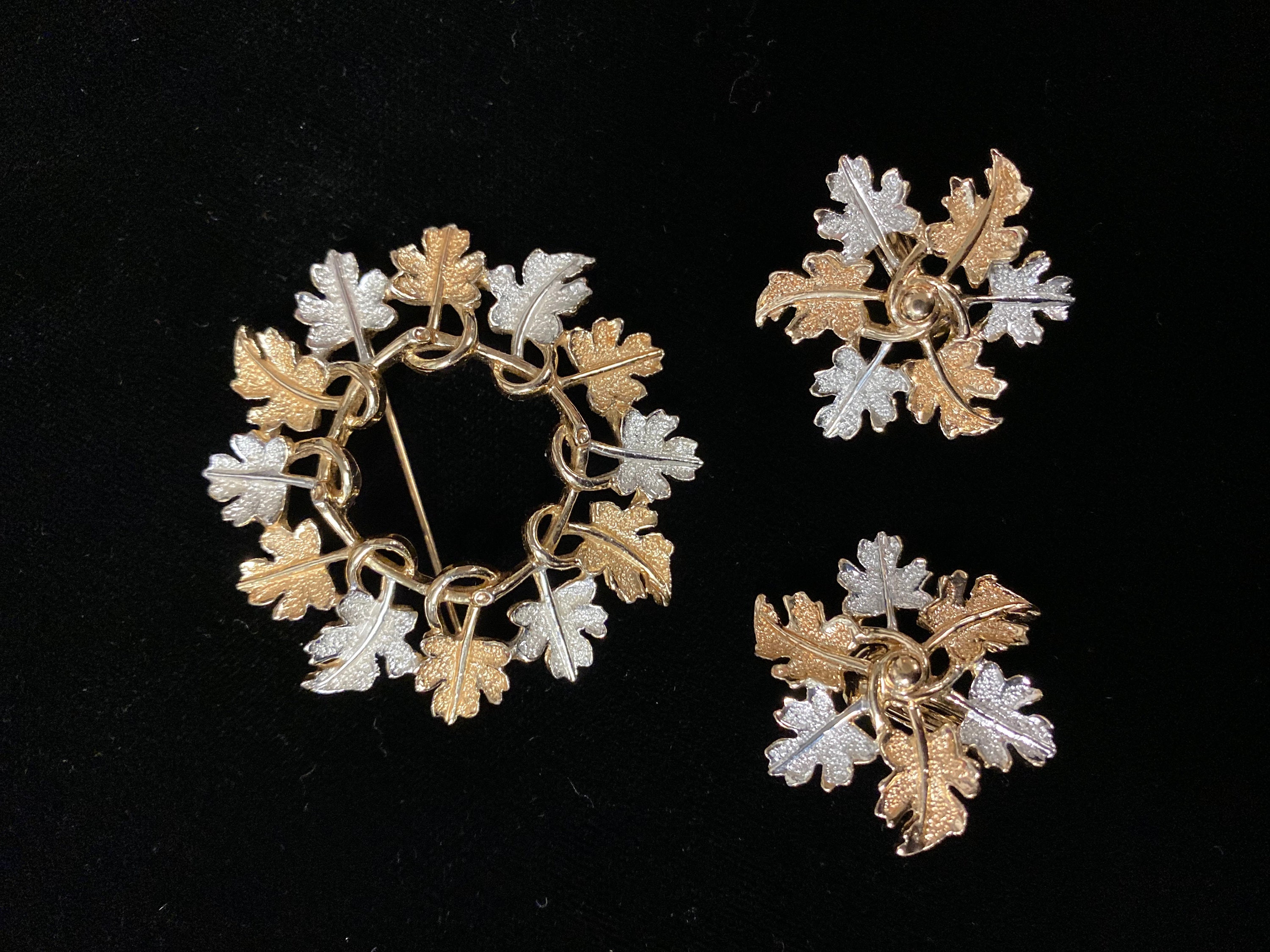 Vintage 1950s Leaf Wreath Brooch Pin and Clip on Earrings Set by Sarah ...