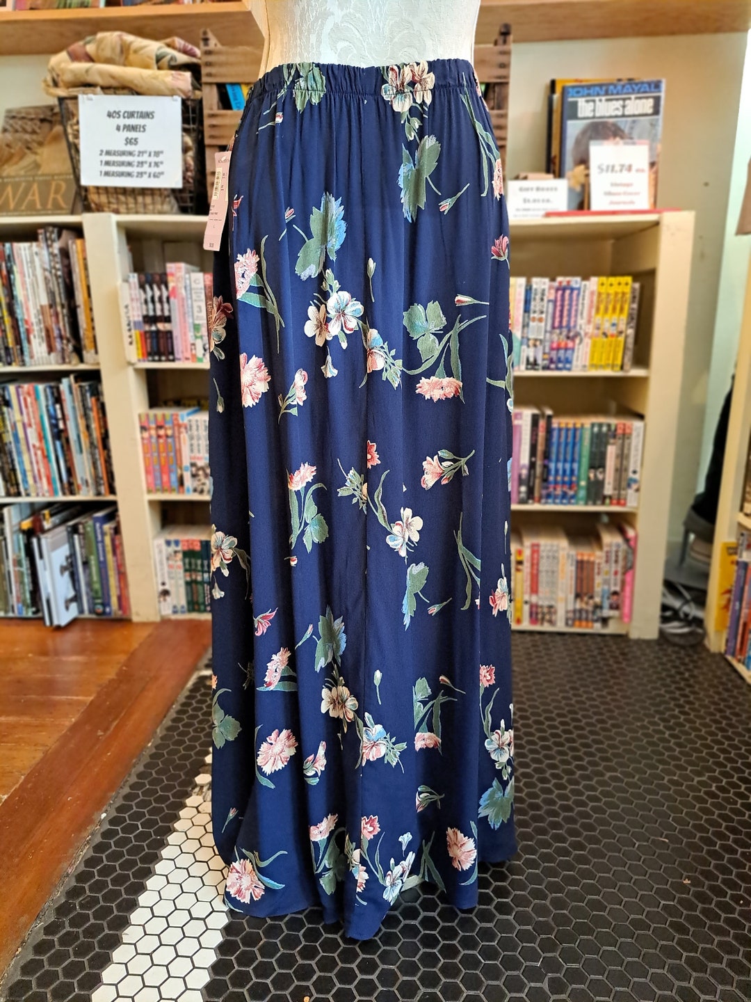 Vintage 1990s Zoe California Dark Floral Print Rayon Maxi Skirt ...