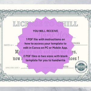 Retirement Gift, License to Chill Certificate, Editable Template ...