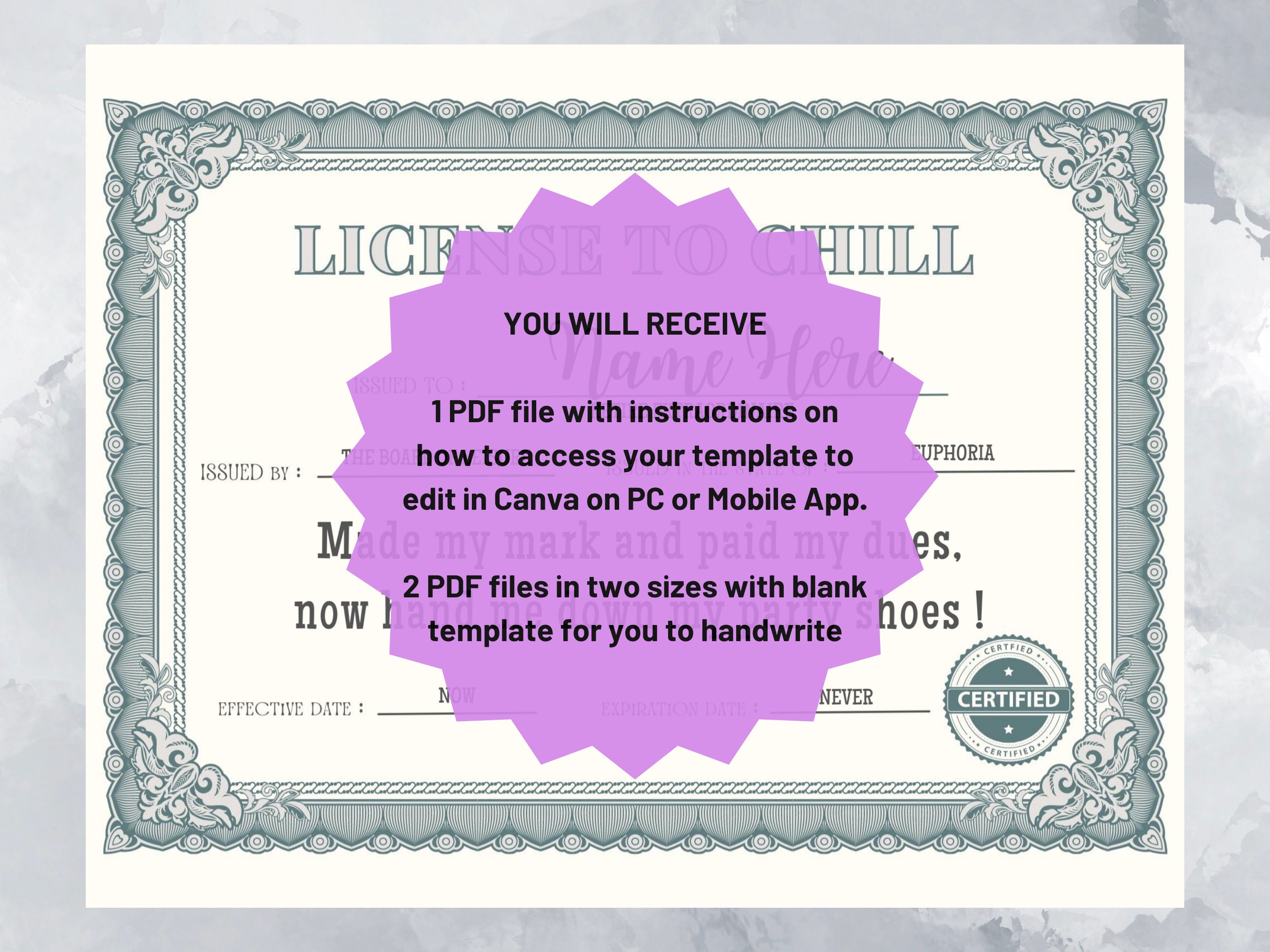 License to Chill Retirement Certificate Editable, Custom Retro ...
