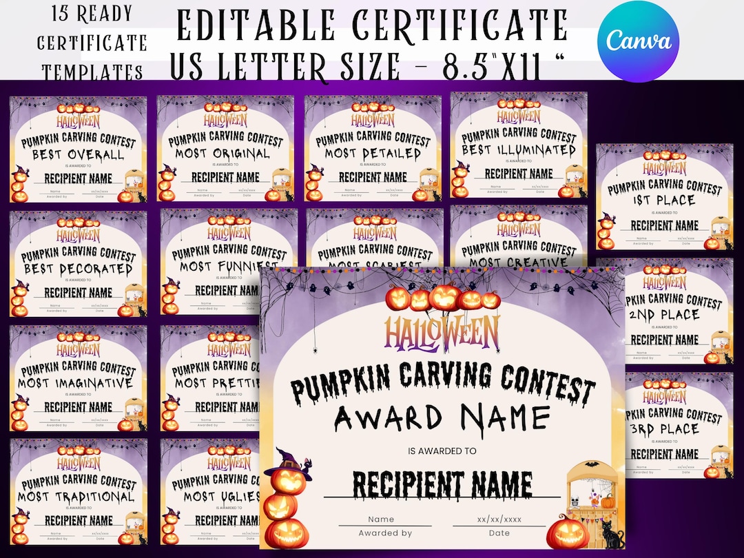 Editable Pumpkin Carving Contest Award Certificate Template, Halloween ...