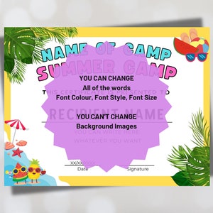 Summer Camp Award Certificate Editable Template, End of Summer Camp ...