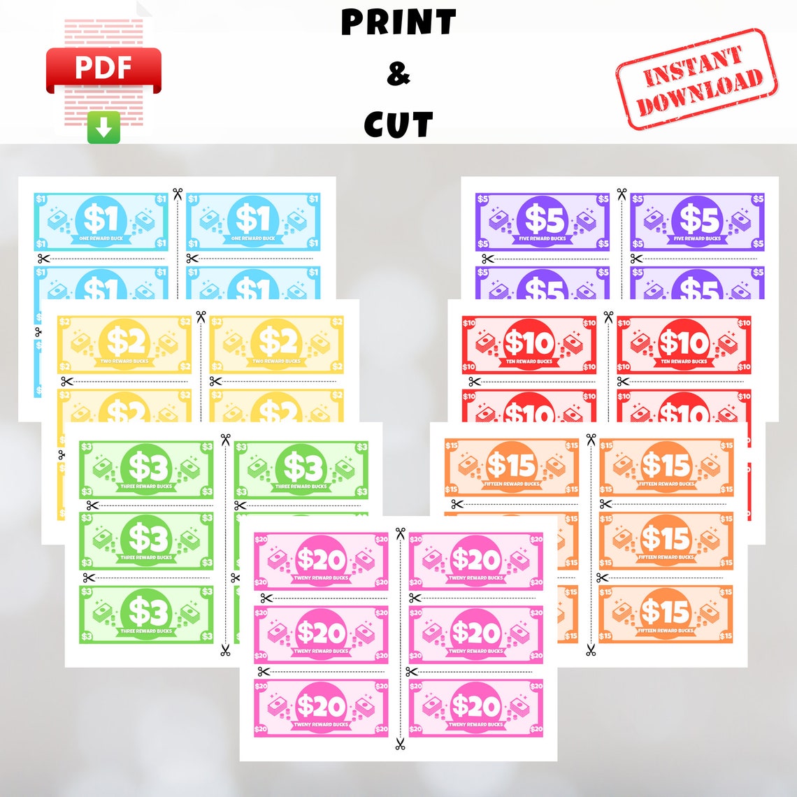 Printable Kids Reward Chart With Reward Bucks Reward Bucks - Etsy