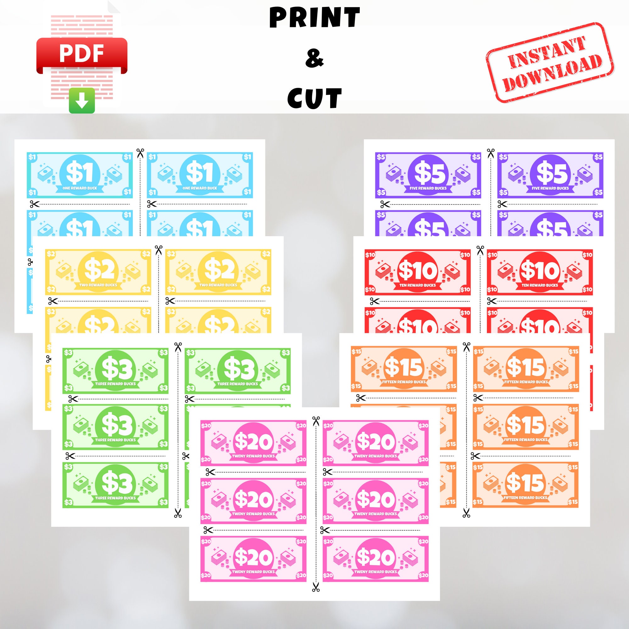 Printable Kids Reward Chart With Reward Bucks Reward Bucks - Etsy