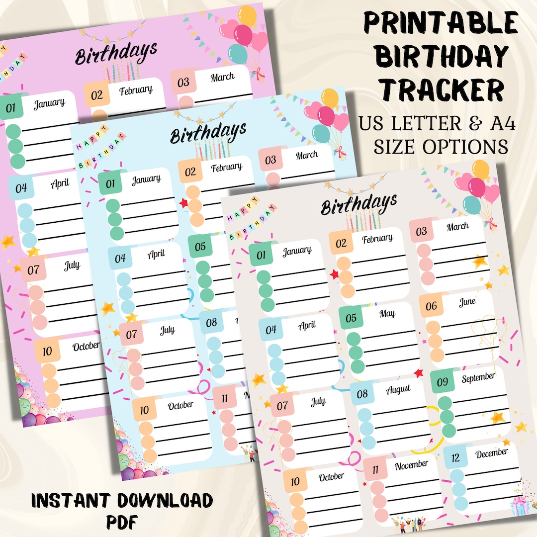 Birthday Tracker Printable, Monthly Class Birthday Calendar, 12 Months ...