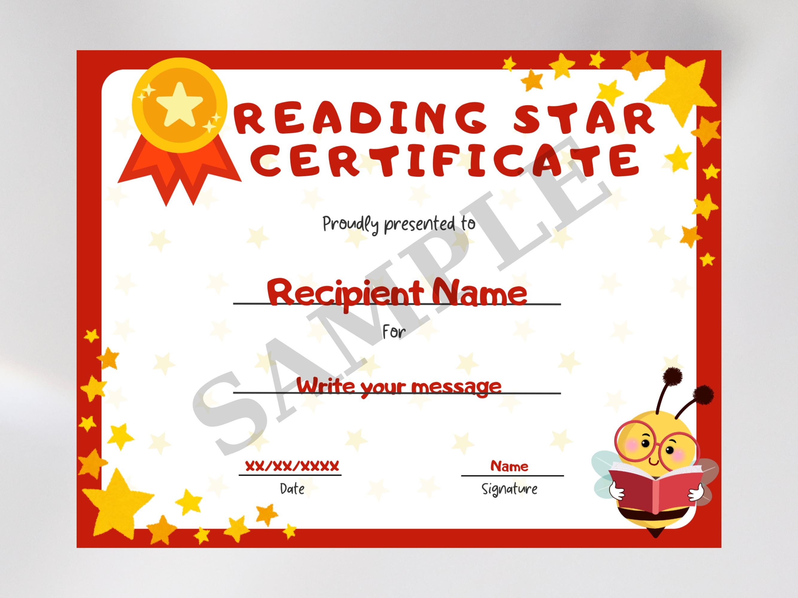 Reading Star Certificate Editable Template, Bookworm Recognition ...