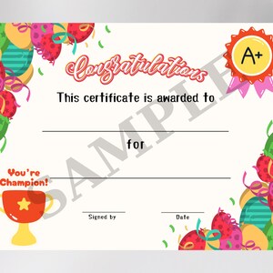 Printable Congratulations Certificate, Kids Award (PDF) - Etsy