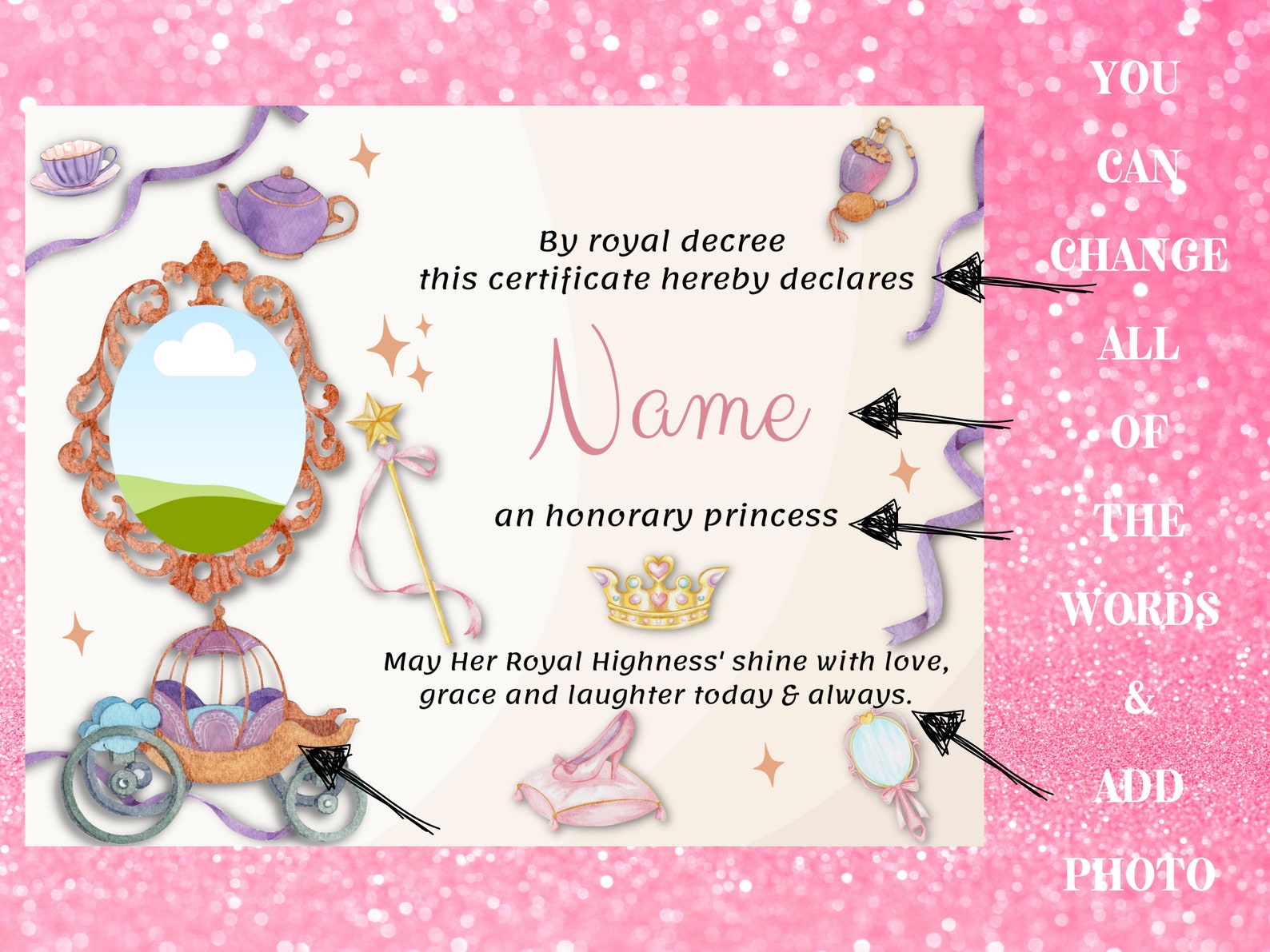 Editable Princess Certificate With Photo Canva Template, Royal Princess ...