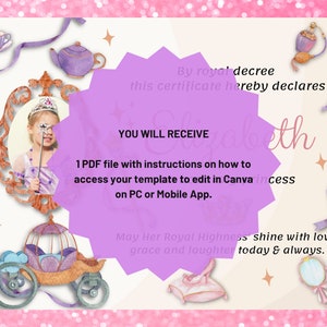 Editable Princess Certificate With Photo Canva Template, Royal Princess ...