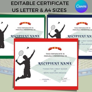 Badminton Award Certificate Template, Editable Sports Recognition (PDF ...