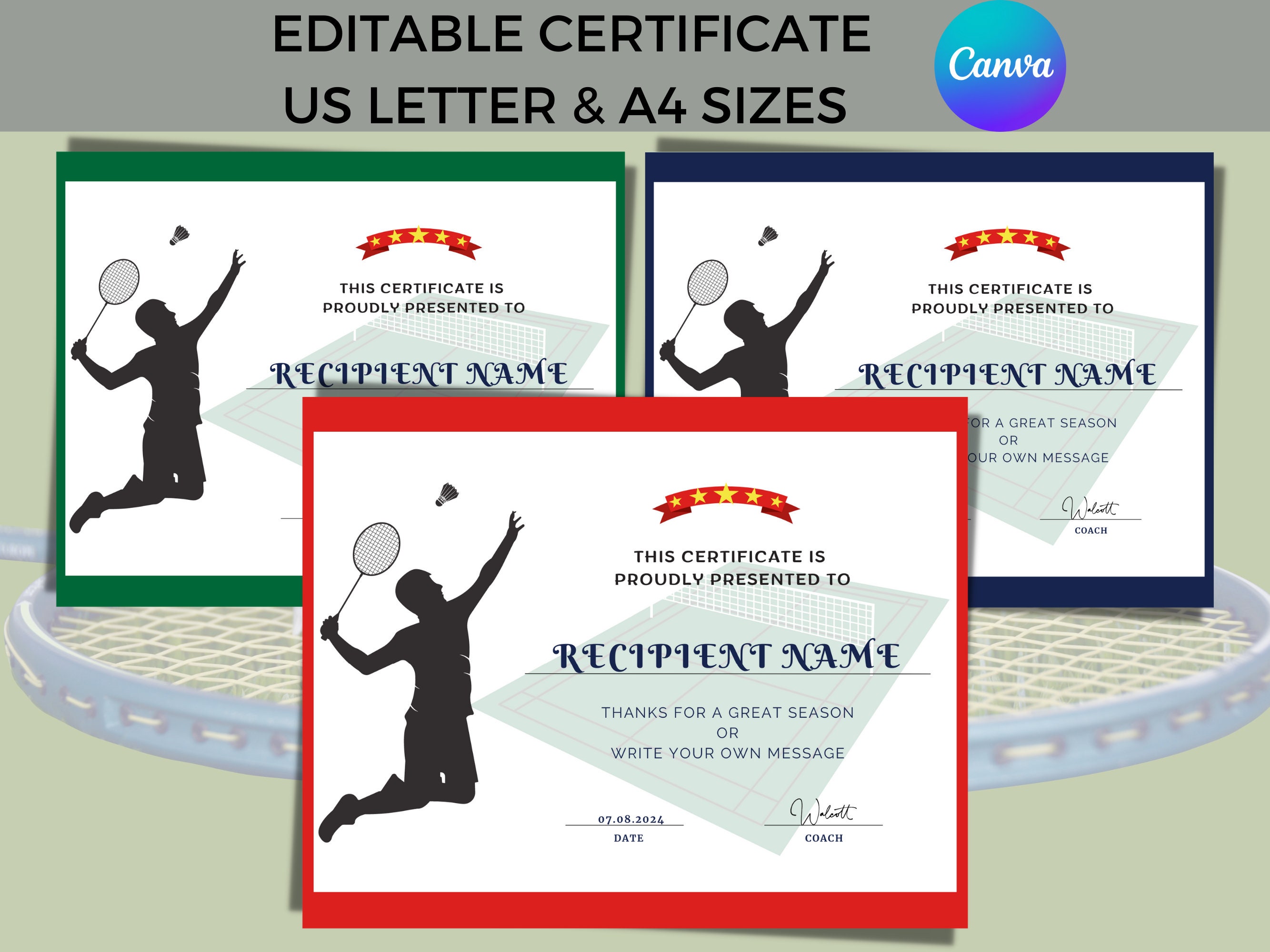 Badminton Player Award Certificate Editable Template, Printable Sports Participation Recognition ...
