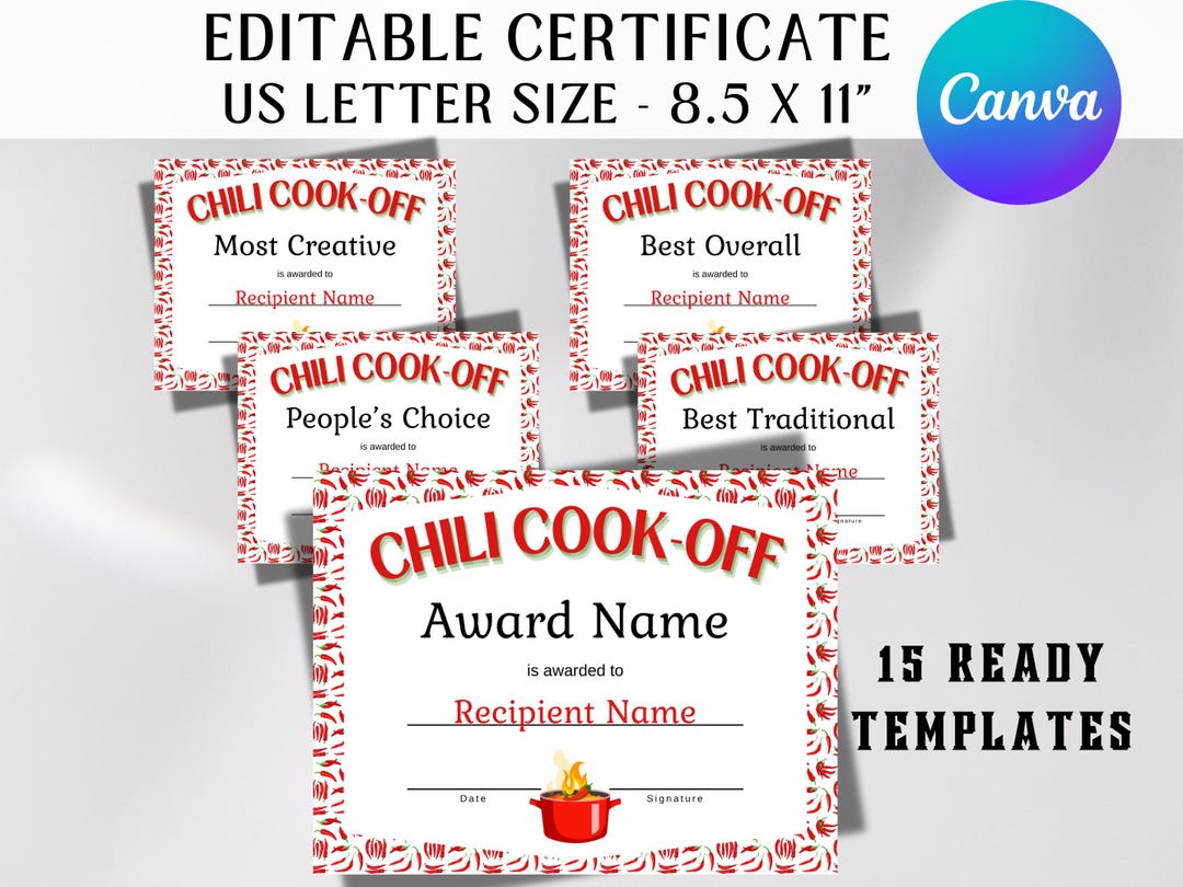 Editable Chili Cook off Award Certificate Template, Chili Contest ...