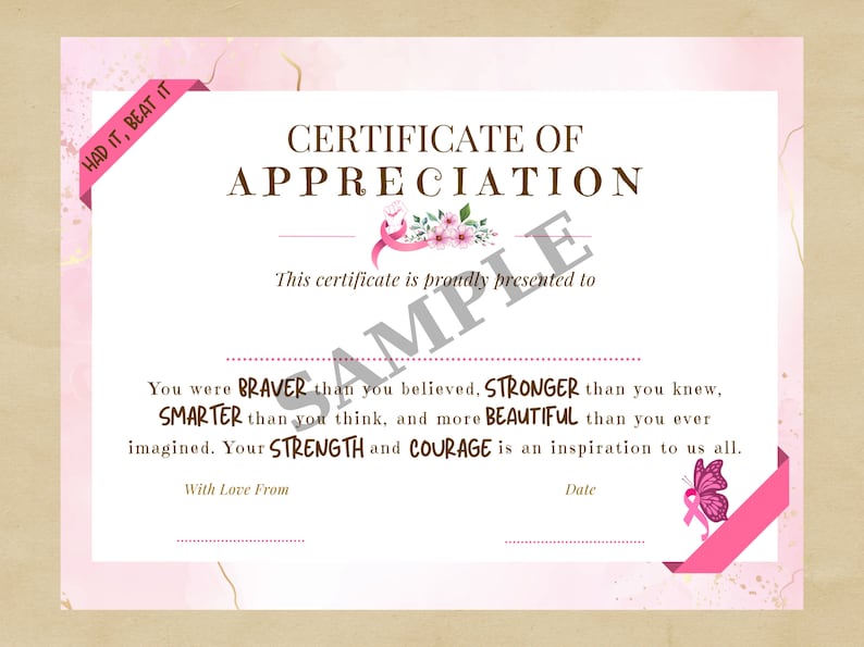 Breast Cancer Survivor Certificate | Appreciation Gift (digital ...
