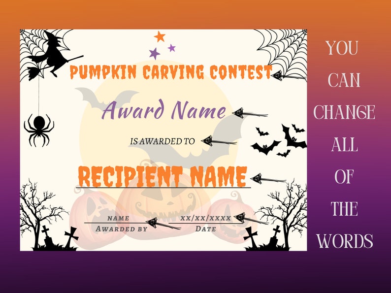 Editable Pumpkin Carving Contest Award Certificate Template, Halloween ...