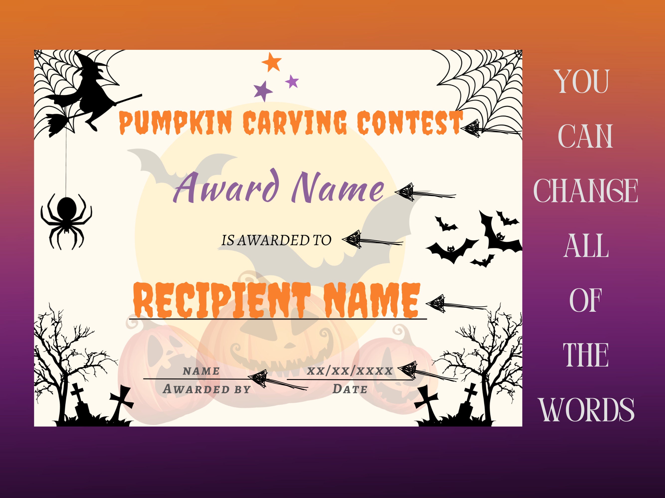 Pumpkin Carving Contest Award Certificate Template (digital Download ...